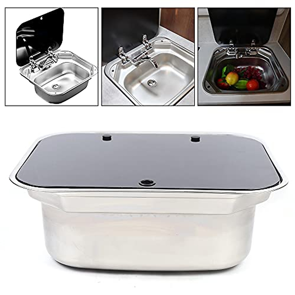 Outdoor RV Caravan Basin Sink,Stainless Steel Boat RV Caravan Camper Kitchen Basin Single Bowl Sink Hand Wash Cold and Hot Faucet Glass Lid for Camper Boating 16.53 x 14.56x 6.3inch (Rectangular Sink)