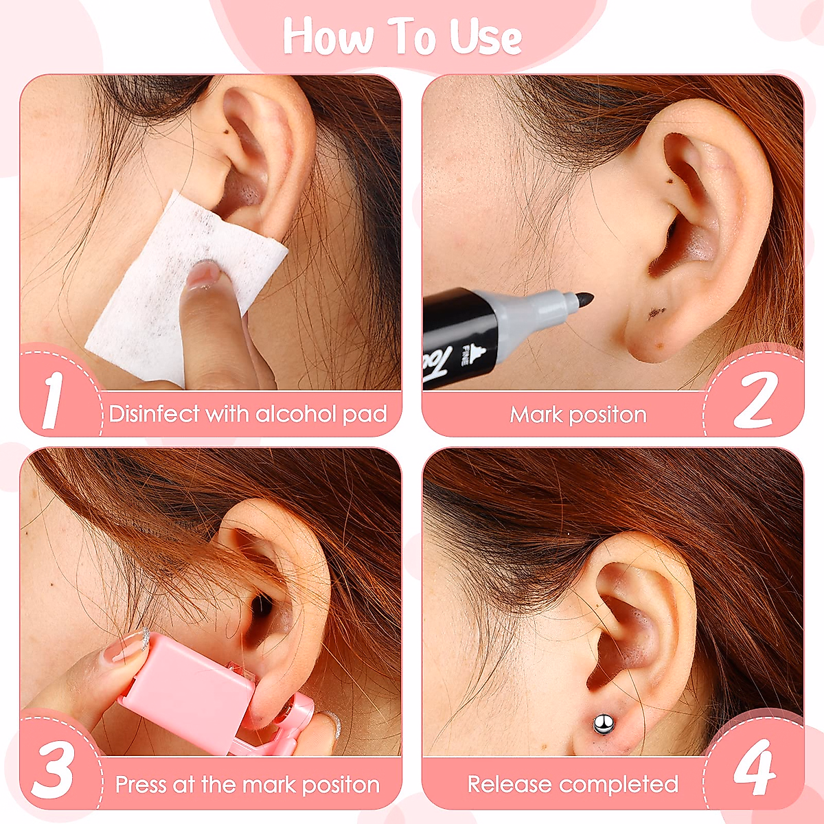 Honoson 6 Pieces Disposable Ear Piercing Gun Kit with Earrings - Self Ear Piercer for Men and Women, Portable Body Piercing Tools, Includes Studs (Pink, Bead Style)