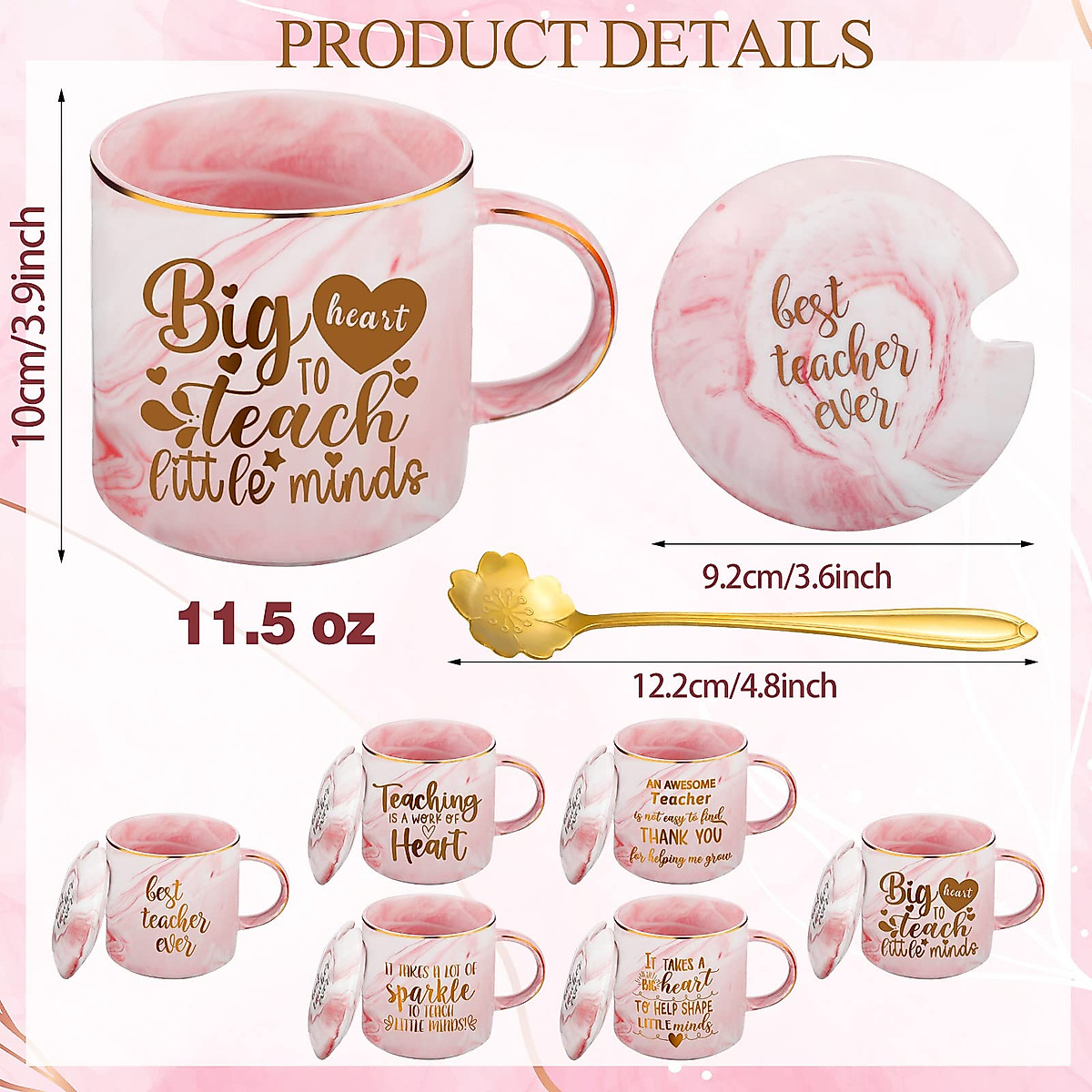 Irenare Set of 6 Teachers Gifts 11.5 oz Pink Teacher Appreciation Mug Marble Ceramic Teacher Coffee Mug Best Teacher Gifts for Daycare Teachers Birthday Women Gifts with Lid and Spoon