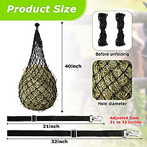 4 Pcs Slow Feed Hay Feeder for Horses, 2 x 2 Holes 40 Inch Length Goat Feed Hay Net Adjustable Nylon Hanging Strap Hay Bags for Horses Feed, Trailer and Stall, Reduce Waste, Black