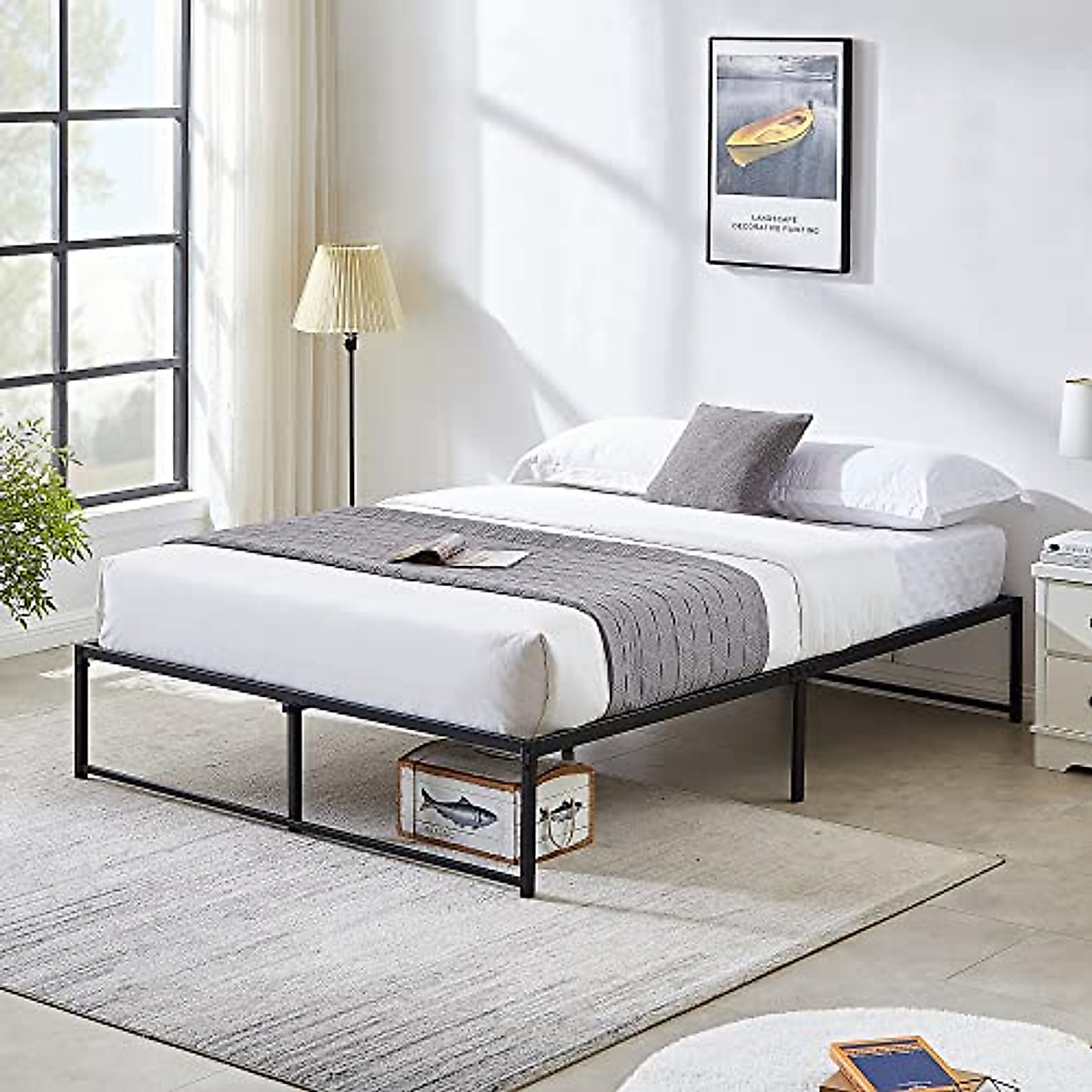 VECELO Platform Bed Frame/No Box Spring Needed/Mattress Foundation/Steel Slat Support Black (Queen)