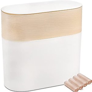 AVLA Trash Cans with Press Top Lid, Plastic Bathroom Garbage Container Bin, Rectangular Slim Covered Wastebasket, Vanity Waste Basket with 60 Waste Bags for Kitchen, Office, Narrow Place