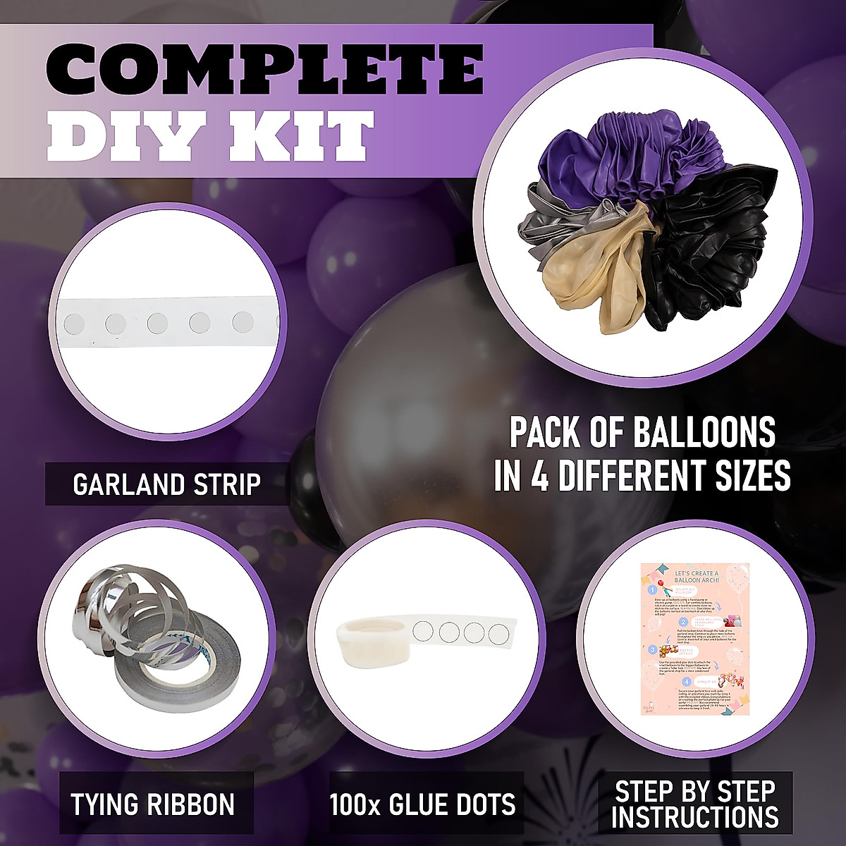 ALL-IN-1 Purple and Black Balloons Garland & Arch Kit – Small and Large Purple Black and Silver balloons – Party Decorations & Supplies for Graduation Birthday Retirement Halloween – Wednesday
