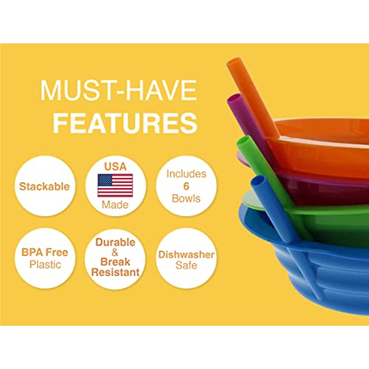 Arrow Home Products Sip-A-Bowl Set, 22oz, 6pk - BPA Free Straw Bowls for Kids To Sip Up Every Drop Without the Mess -Made in the USA, Great for Cereal, Ice Cream, Soup, Milk-Blue, Pink, Green, Orange