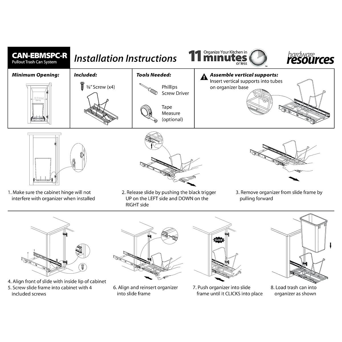 Hardware Resources Black Pull Out Container - Sliding Under Sink Trash Can System for 35qt/50qt Trash Bins - Works with Hardware Resources Lids, Garbage Cans & Door Mounting Kits - 100lb Rated Slides