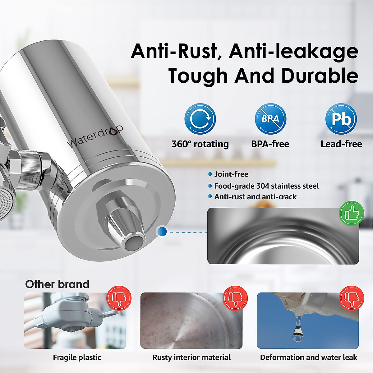 Waterdrop WD-FC-01 NSF Certified 320-Gallon Longer Filter Life Water Faucet Filter & Waterdrop WD-FC-06 Stainless-Steel Faucet Water Filter