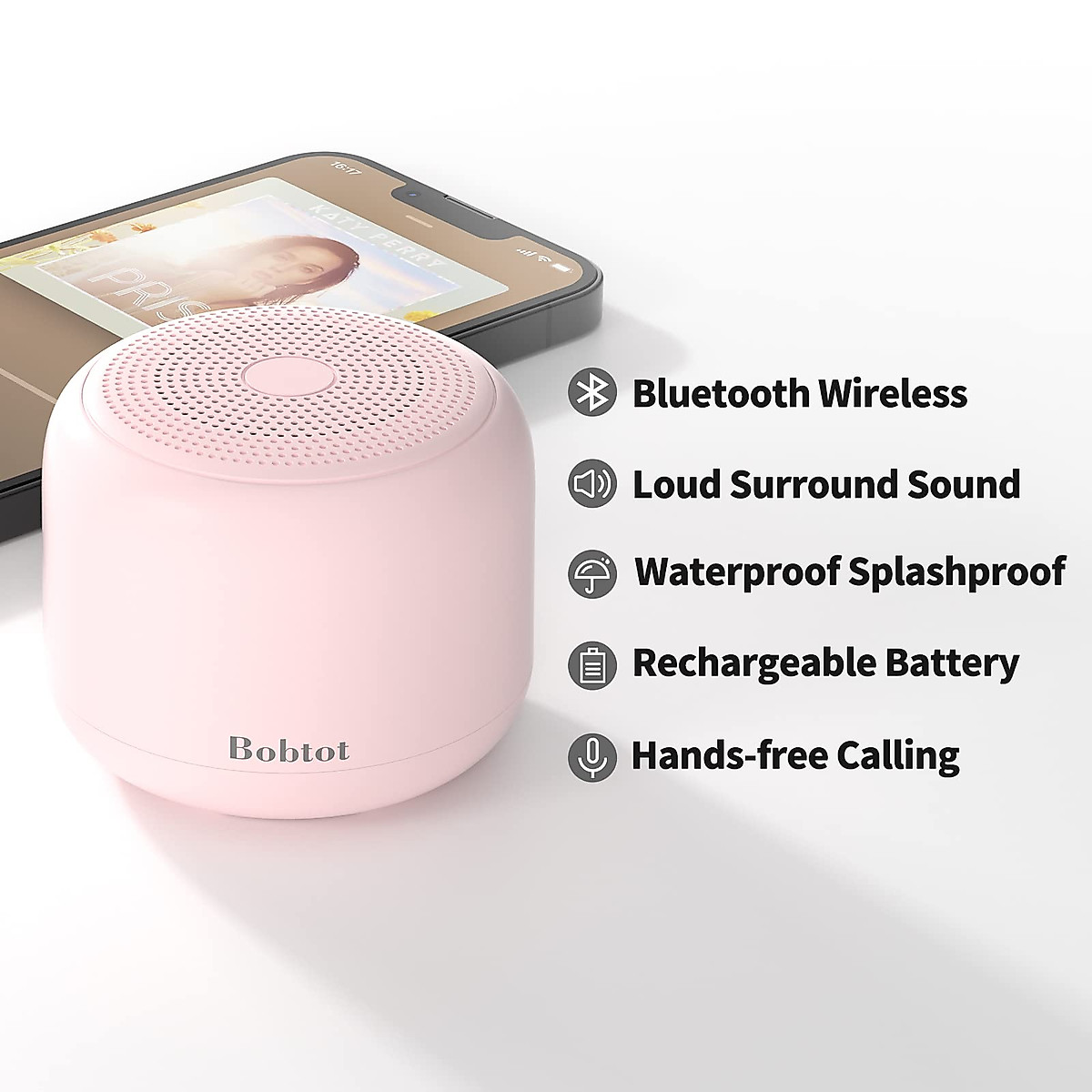 Bobtot Portable Bluetooth Speakers with Strap Easy to Carry, Wireless Waterproof Mini Speaker with Loud Stereo Sound,15 Hours Playtime, Rechargeable Battery, Built-In Microphone, Pink