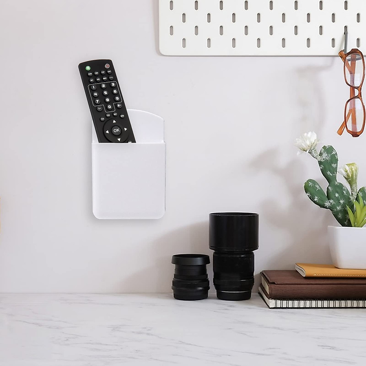 AOAOYING Remote Holders Remote Control Holder Wall Mount Media Storage Box for Home Headboard Office Playroom Bedroom Parlor Self Adhesive Atorage Box (White 4 Pack)