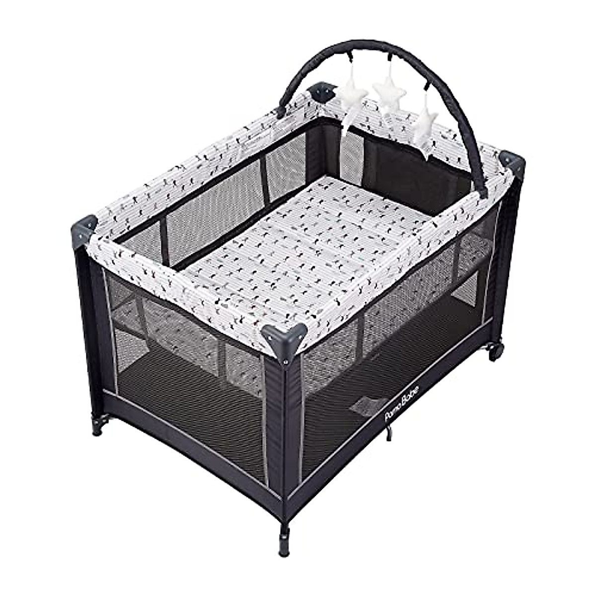 Pamo Babe Portable Playard,Sturdy Play Yard with Mattress and Toy bar with Soft Toys (Grey)…