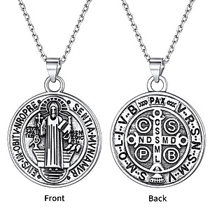 Nofade Silver Saint Benedict Cross Necklace for Men Women, 925 Sterling Silver Round St Benedict Pendant Necklace Coin Medallion Necklace Talisman Amulet Jewelry