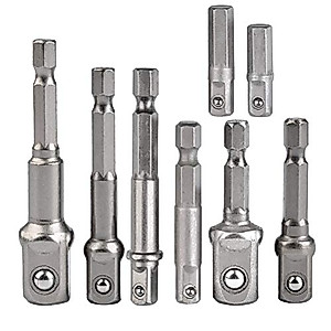 TIMESETL 8Pcs Impact Grade Socket Adapter Set, Hex Shank Square Nut Impact Driver Socket Adapter, Socket to Drill Adapter 1/4" 3/8" 1/2" Impact Driver Adapter Quick Change Drill Extension Bit Set