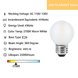 Sunaiony Frosted E26 LED Bulb 4W Dimmable Warm White 2700K, 40 Watt Equivalent LED Light Bulbs, G16.5 Edison LED Frosted Globe Light Bulbs, Vintage Light Bulbs for Chandelier, Pendant, Vanity, 6Pack