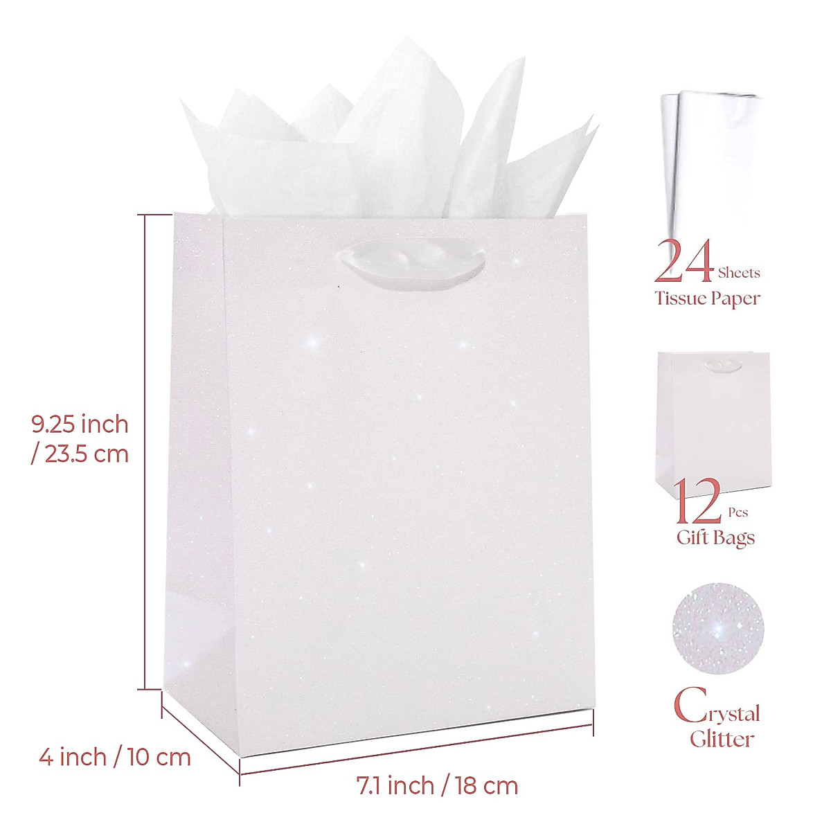 PAPER FAIR 12Pcs Embossed Crystal White Glitter Gift Bags with 24 Tissue Paper Bulk, M 9x7 Inch, Christmas Valentines Day Gift Wrap Bag, Wedding Bridal Shower Favor Bag Gift Packaging, Holiday