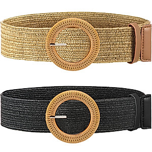 SATINIOR 2 Pieces Women Straw Woven Elastic Stretch Waist Belt Skinny Dress Braided Waist Belt with Wooden Style Buckle (Black and Khaki)