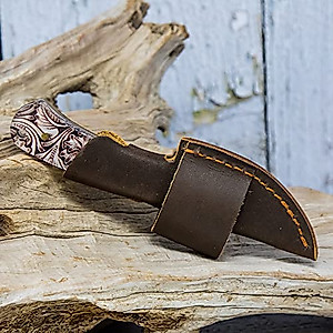 WHISKEY BENT HAT CO. Mini Skinner 440 Steel Fixed Blade Knife w/Leather Sheath (Tooled Leather)