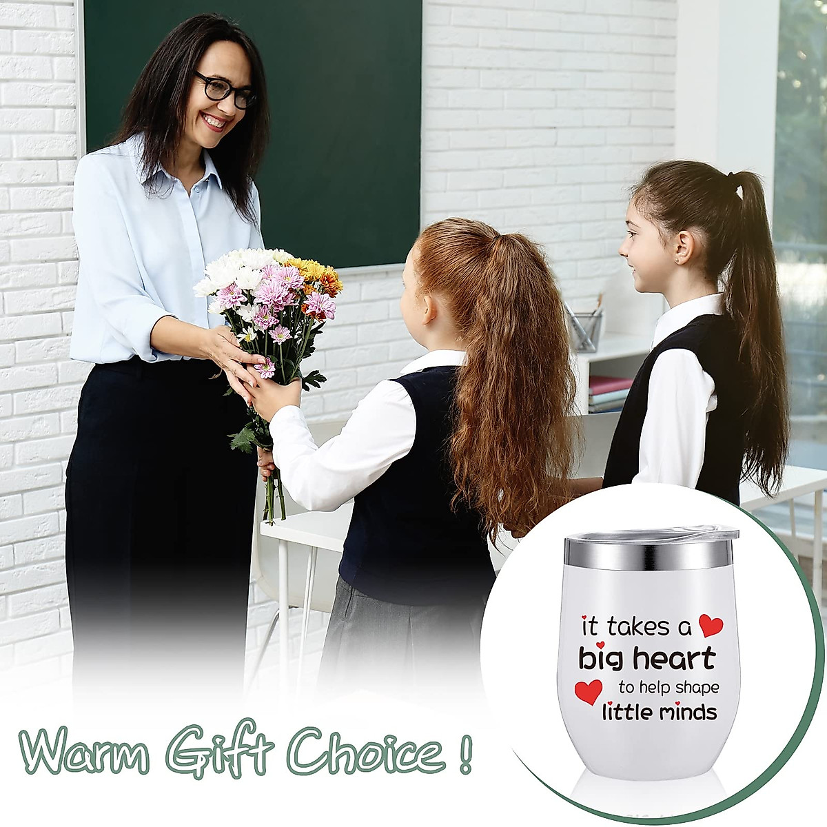 2 Pack Funny Teacher Appreciation Present, It Takes a Big Heart to Shape Little Minds, 12oz Double Wall Vacuum Teacher Cup with Lid Straw, Wine Glasses for Teacher (White and Black Words)