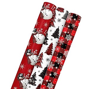Horaldaily 17 x 120 Inch Christmas Wrapping Paper(3 Rolls: 42.5 sq. ft. ttl.), Red Buffalo Plaid Christmas Trees Snowman Snow Disposable Wrapping Paper for Party DIY Crafts Gift Decor