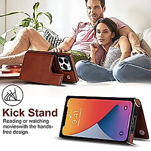 DEFBSC Compatible with iPhone 13 Pro Max Case, Crossbody Wallet Case, Adjustable Detachable Lanyard Neck Strap with Kickstand Leather Card Holder Protective Cover-Brown