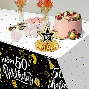 50th Birthday Decorations, 1pcs Black and Gold Happy Birthday Tablecloth for Men Women, Plastic Disposable Rectangle Table Cover for Birthday Party Decor- 54" x 108"