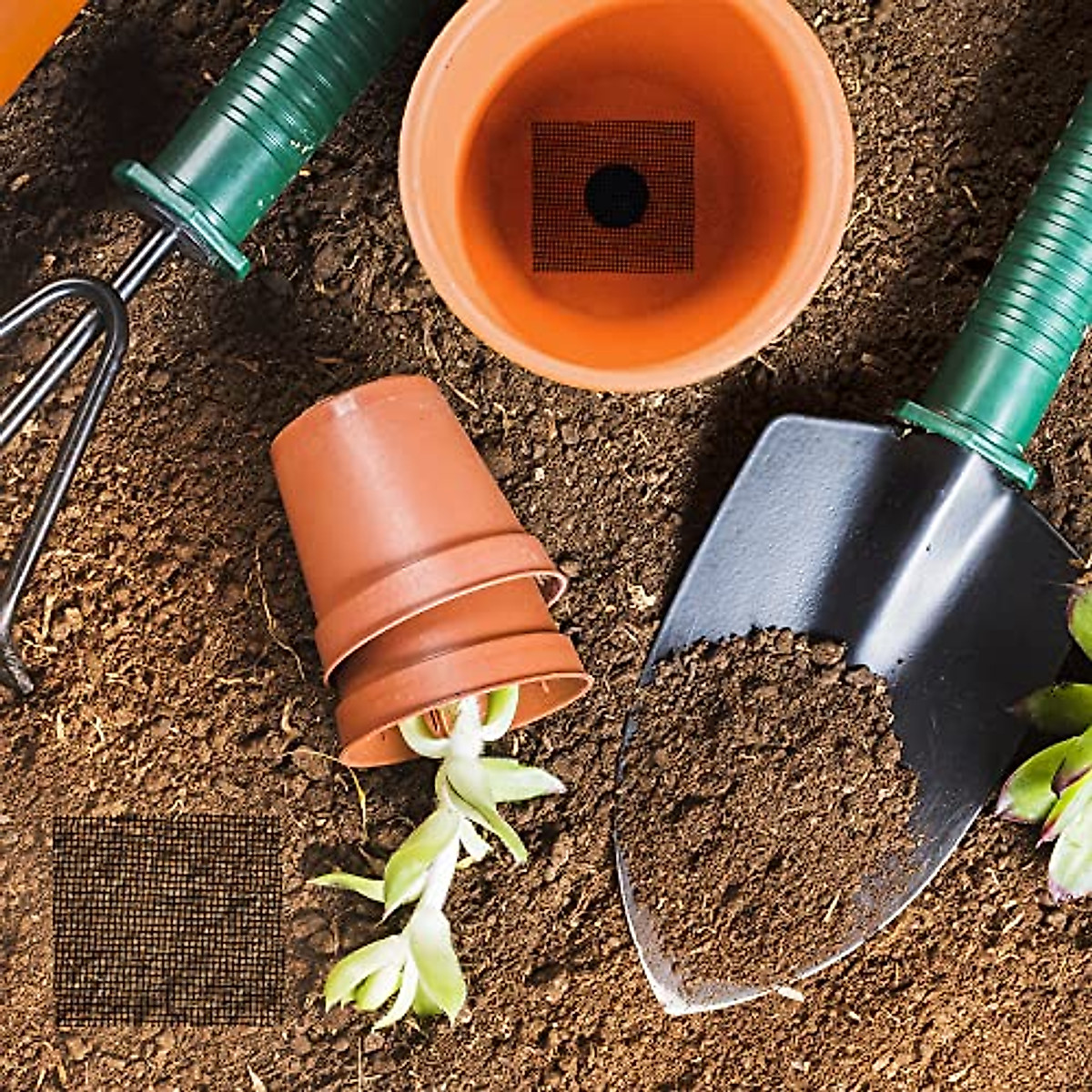 ORIMERC 200 Pcs 2 x 2 inch Plant Pot Drainage Hole Mesh Pad Screen with 30 feet Self Watering Hydroponic Wick Cord DIY Vacation Automatic Waterer Sitter Potted Bonsai Succulent Flower Bottom Grid Mat