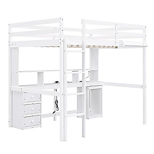 DEYOBED Full Size Loft Bed, Wooden Bed Frame with Desk, Shelves, Cabinet, 3 Drawers, Bedside Tray, LED Lights, and USB Charging Station for Kids, Teens, Adults - White