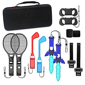 for Nintendo Switch Sports 13in1 Games Accessories Bundle Kit, for Mario Golf Clubs / Tennis Games Party wtih Portable Hand Bag, Soccer Leg Strap / Racket, Family / Children / Adult Gift Kit