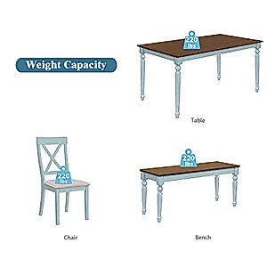 Harper & Bright Designs 6 Pieces Dining Table Set, Kitchen Table Set with Wood Dining Table, Bench and 4 Padded Dining Chairs, Walnut Top+ Light Blue Frame+Beige Seat