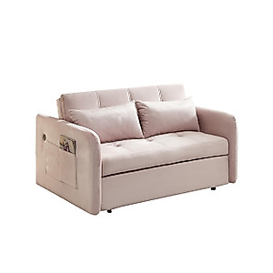 KoiHome Convertible Sleeper, 55.5" Twins Pull Out Sofa Bed with Adjustable Backrest, Velvet Loveseat Couch Chaise with USB Port, Side Pockets and 2 Pillows, Living Room Foldable Recliner, Pink