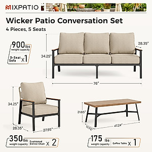 MIXPATIO 4 Piece Patio Furniture Set, All Weather Wicker Outdoor Sofa with 5.5" Cushions, 2 Fixed Chairs, 3-Seat Sofa with Wood Grain Coffee Table, Patio Conversation Set for Porch, Backyard, Beige