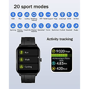 Smart Watch Compatible with iPhone Android Phones 2022, 1.7 inch Watches for Men Women IP68 Waterproof Fitness Tracker with Blood Oxygen/Heart Rate Monitor Sleep Steps Tracker DIY Watch Faces Black