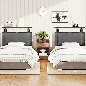 HOOBRO Queen Size Headboard, Wall Mount Hanging Headboard with 4 USB Ports and LED Light, PU Upholstery, Open Storage Shelf, for Bedroom, Bar, Dining or Entryway, Rustic Brown and Gray