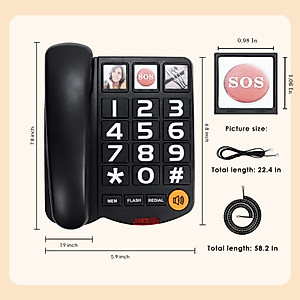 Landline Phones for Seniors, Corded Phone with Photo Memory, One-Touch Dialing, Big Buttons, Flashing Alerts, Hands-Free for Hearing Impaired(Black)