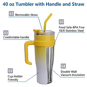 Beatcreat 40 oz Tumbler with Handle and Straw Lid,Insulated Double Wall Stainless Steel Travel Coffee Mug,Cup Holder Friendly(Yellow and white)