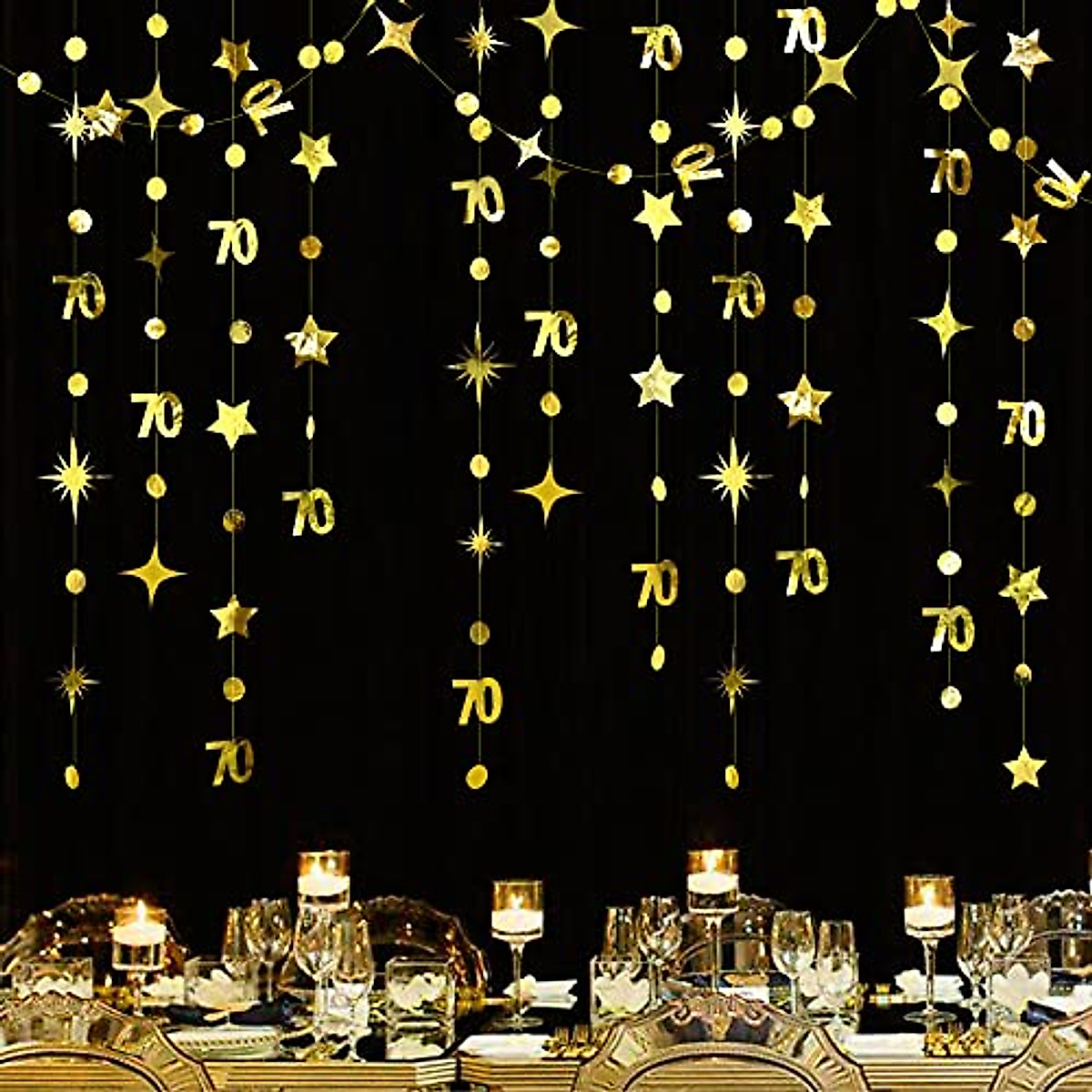 Gold 70th Birthday Decorations Number 70 Circle Dot Twinkle Star Garland Metallic Hanging Streamer Bunting Banner Backdrop for Women Mens 70 Year Old Birthday Seventieth Anniversary Party Supplies