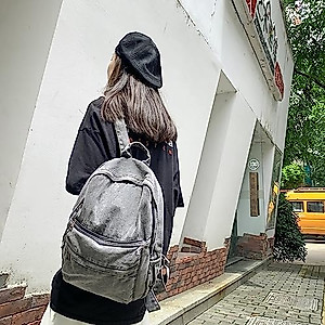 JHTPSLR Preppy Backpack Denim Backpack Vintage Aesthetic Backpack Cowboy Backpack Solid Denim Book Bags Casual Daypack Backpack Supplies (Smoke Grey)