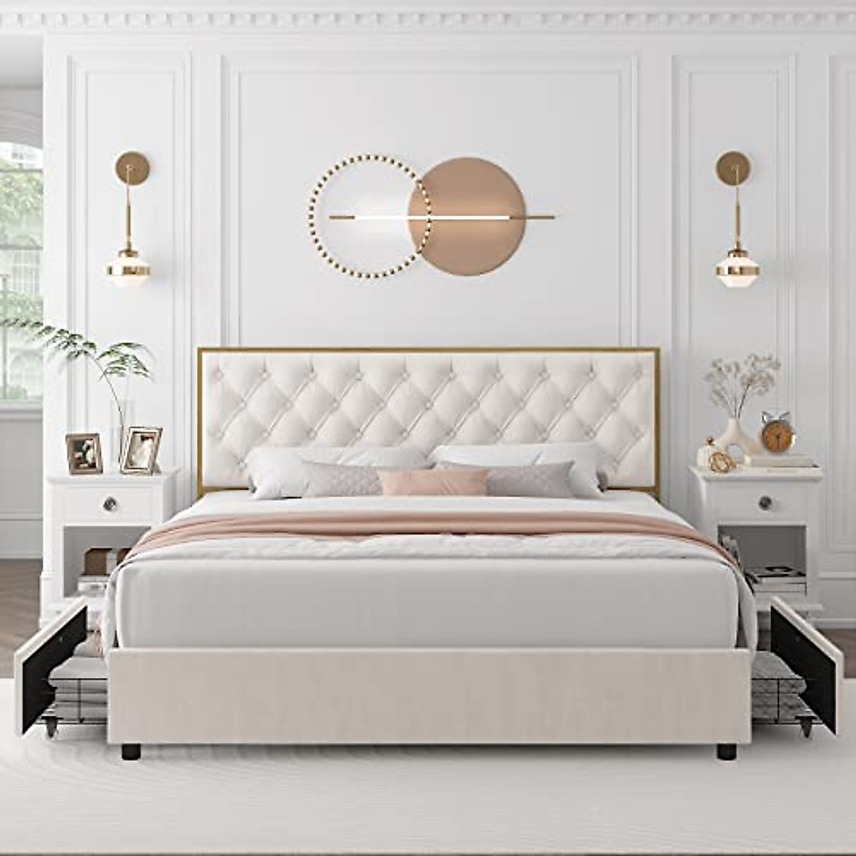 HIFIT Full Bed Frame with 4 Storage Drawers, Upholstered Full Size Bed Frame with Handmade Button Tufted Headboard, Heavy Duty Mattress Foundation with Wooden Slat, No Box Spring Needed,Golden & Beige