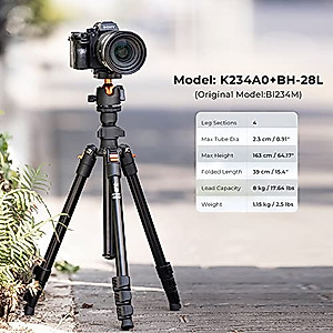 K&F Concept 64 inch/163cm Camera Tripod,Lightweight Aluminum Travel Outdoor Tripods with 360 Degree Ball Head Load Capacity 8kg/17.6lbs,Quick Release Plate, for DSLR Cameras K234A0+BH-28L