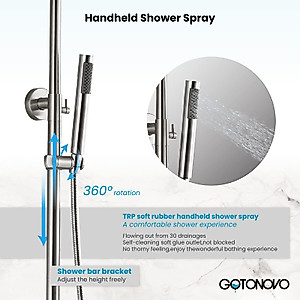 gotonovo Stainless Steel SUS304 Shower Faucet 8 Inch Rainfall Shower Head Cylinder Handle Brushed Nickel Exposed Shower Fixture Wall Mount Shower System With Hand Spray