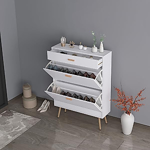 Shoe Cabinet,16 Pair Shoe Rack Storage Organizer with 2 Flip Drawers,White Entryway Shoe Storage Cabinet for Heels, Boots, Slippers (White) (White)