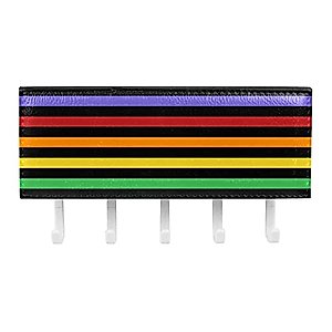 Colorful Horizontal Lines Striped Pattern with Black Background Mail Holder Organizer and Key Hooks PU Front, Self Adhesive Key Rack with 5 Hooks Perfect for Entryway, Hallway，Bathroom ，Kitchen