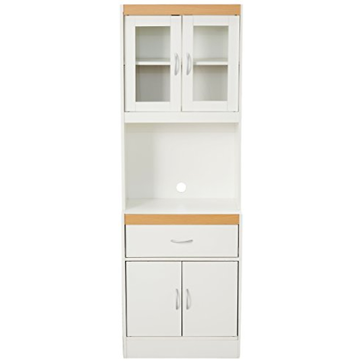Hodedah Long Standing Kitchen Cabinet with Top & Bottom Enclosed Cabinet Space, One Drawer, Large Open Space for Microwave, White