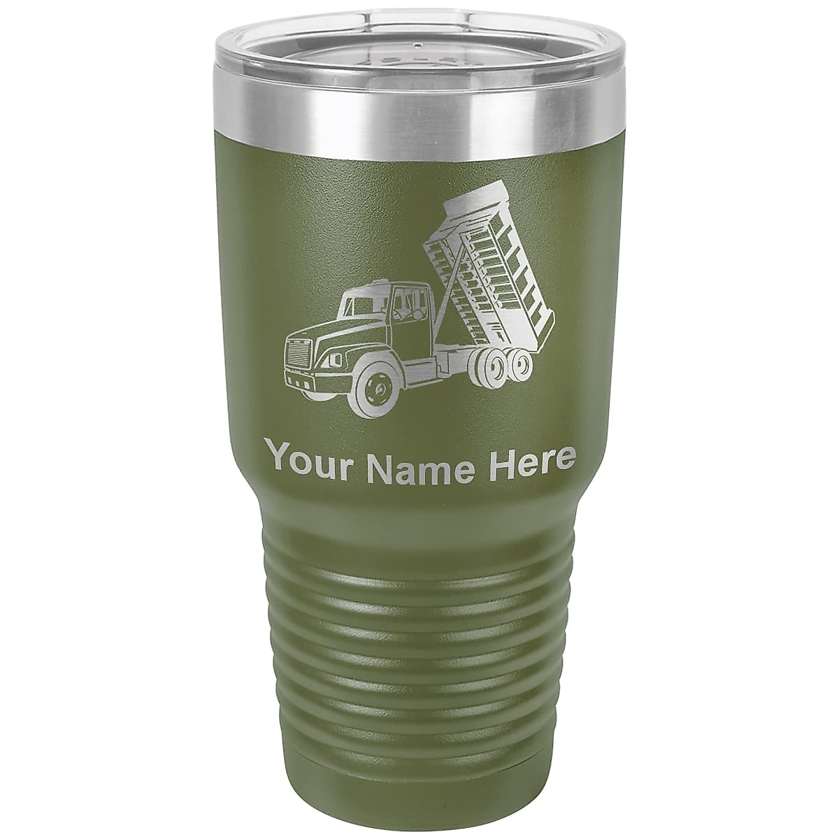 LaserGram 30oz Vacuum Insulated Tumbler Mug, Dump Truck, Personalized Engraving Included (Camo Green)