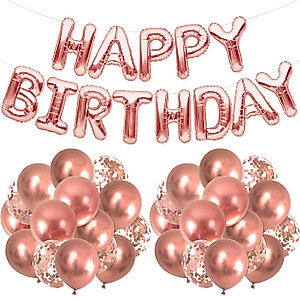PartyForever Rose Gold Happy Birthday Balloons 16inch Letters Banner for 21st, 30th, 40th, 50th or 60th Birthday Birthday Party Decorations and Supplies for Girls and Women