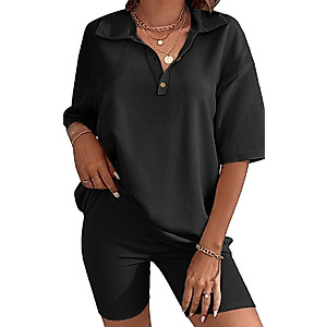 Ekouaer Pajamas 2 Piece Lounge Sets Waffle Knit Matching Outfits Oversized Shirt Loungewear Sweatsuits Summer Tracksuit Black