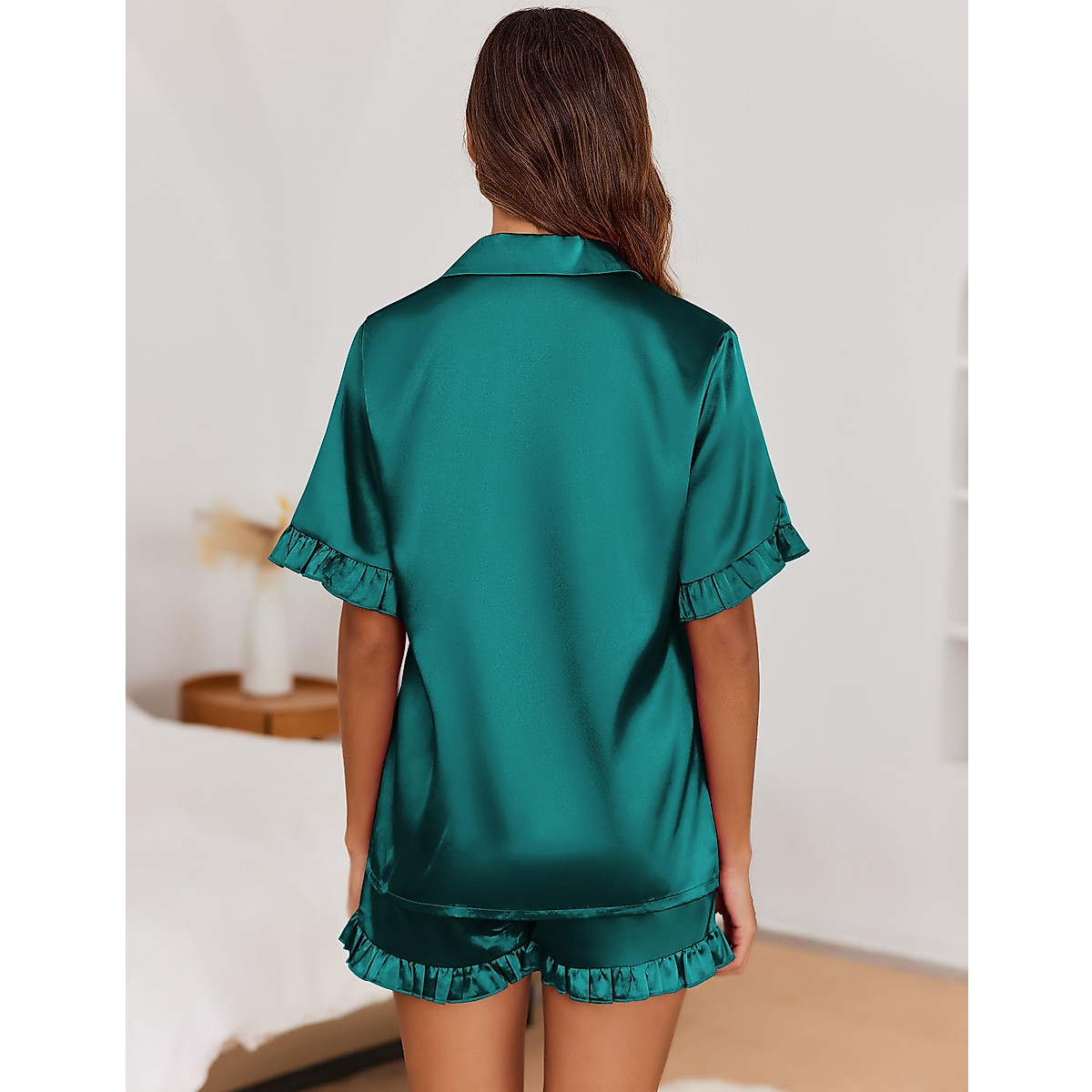 Ekouaer Womens Satin Pajamas Set Button Down Silk 2 Piece Pj Sets Ruffle Short Sleeve Sleepwear,Blue Green,L
