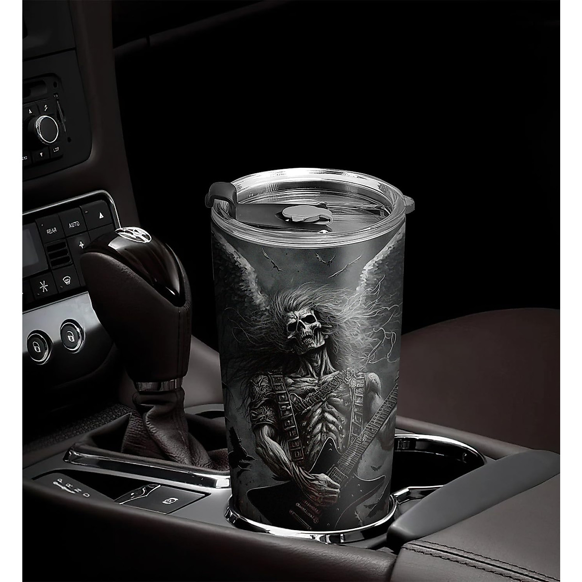 20oz Metal Rock Skull Reaper Electric Guitar Tumbler, Guitarist, Musician Gifts, Coffee Thermos for Men, Stainless Steel Double Wall Vacuum Insulated Coffee Mug, Travel Cup with Lid