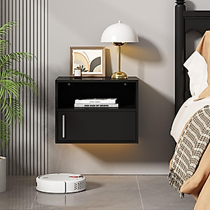 JAXPETY Wall Floating Nightstand Set of 2 Modern Side Table Wall Mounted Shelf with Cabinet Storage for Living Room, Bedroom, Dorm, Black