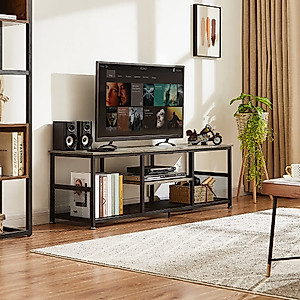 VECELO Industrial TV Stand for Televisions up to 65 Inch, 55" Entertainment Center with Open Storage Shelves for Living Room/Bedroom, 3 Tiers Media Console Table with Metal Frame, Grey, 55 Inches