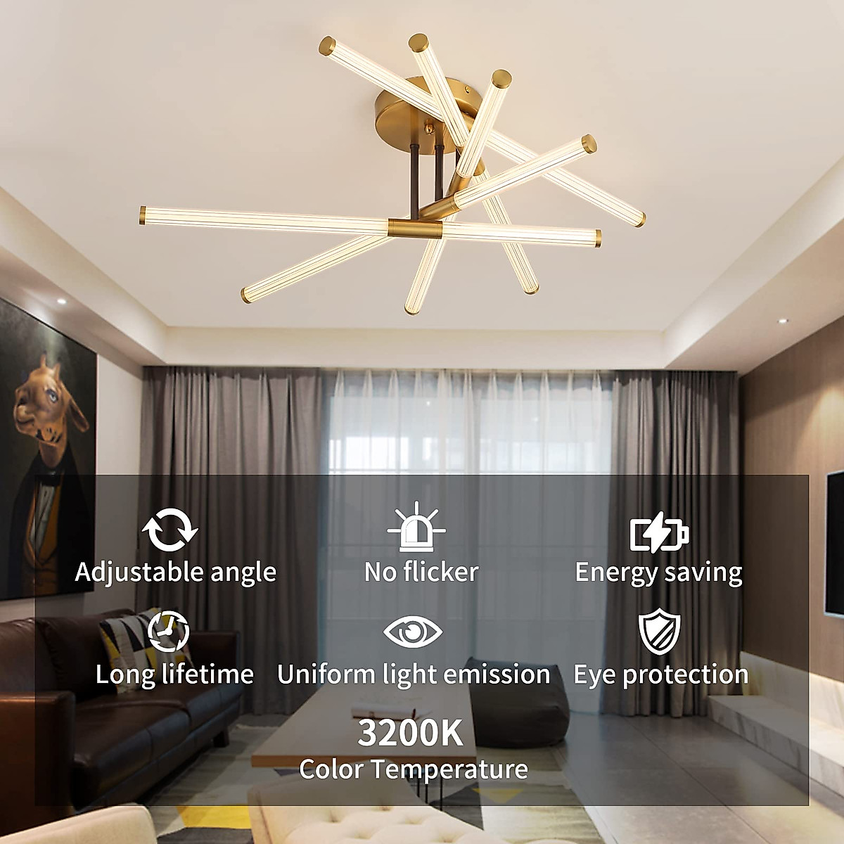 Myhaptim Modern LED Flush Mount Ceiling Light 10-Light LED Close to Ceiling Light Rotatable Gold Light Fixture for Kitchen Bedroom Dining Room,3200K,Not Dimmable