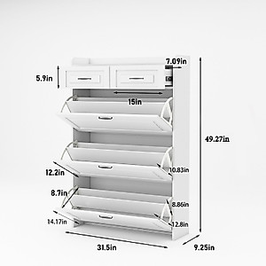 HANLIVES Hidden Shoe Cabinet for Entryway,Narrow Entry Shoe Storage Cabinet with Drawer,White Flip Down Shoe Rack Wood 4 Tier Slim Shoe Storage Organizer for Hallway,Apartment